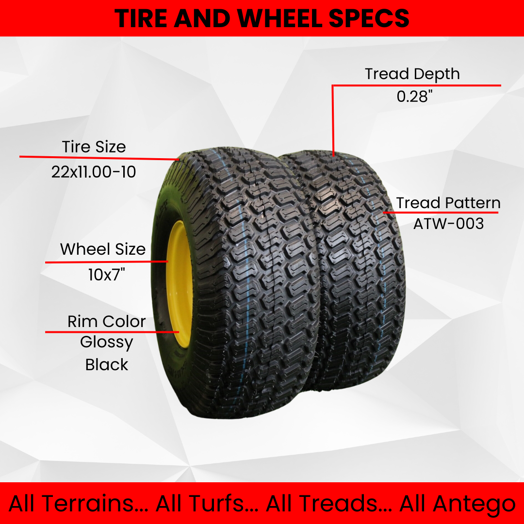 22x11.00-10 Turf tire with 10x7 Fusion Glossy Black Wheels for Golf Ca ...