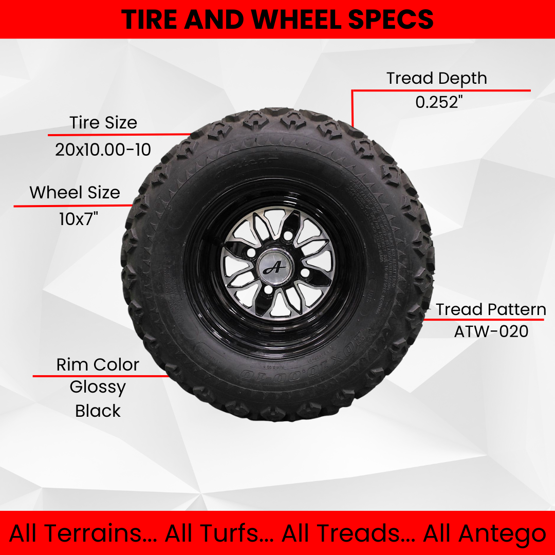 20x10.00-10 with 10x7 Fusion Glossy Black Wheels for Golf (Set of 4 ...