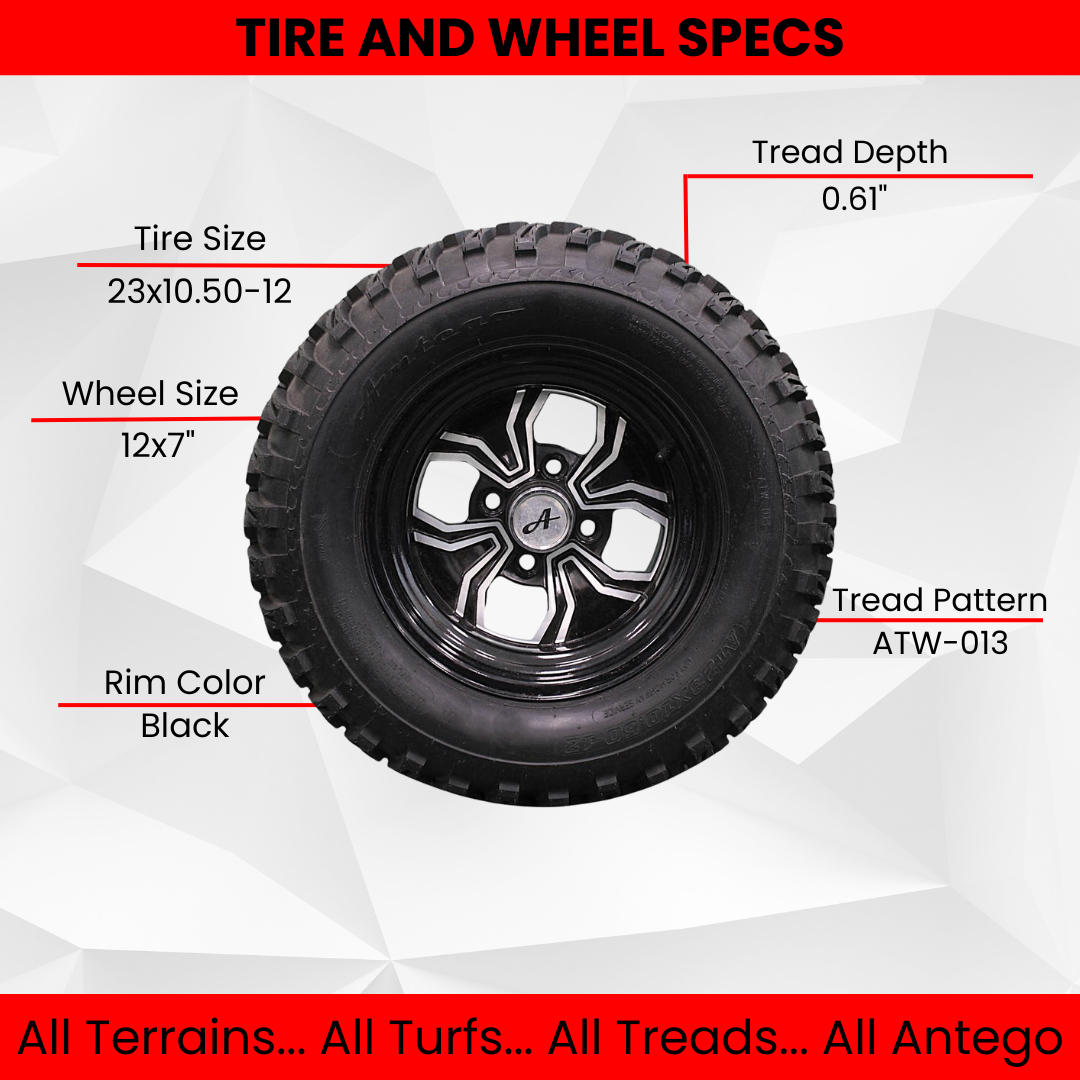 (Set of 4) 23x10.50-12 ATW-013 with 12x7 Black Fusion Golf Tire and Wh ...