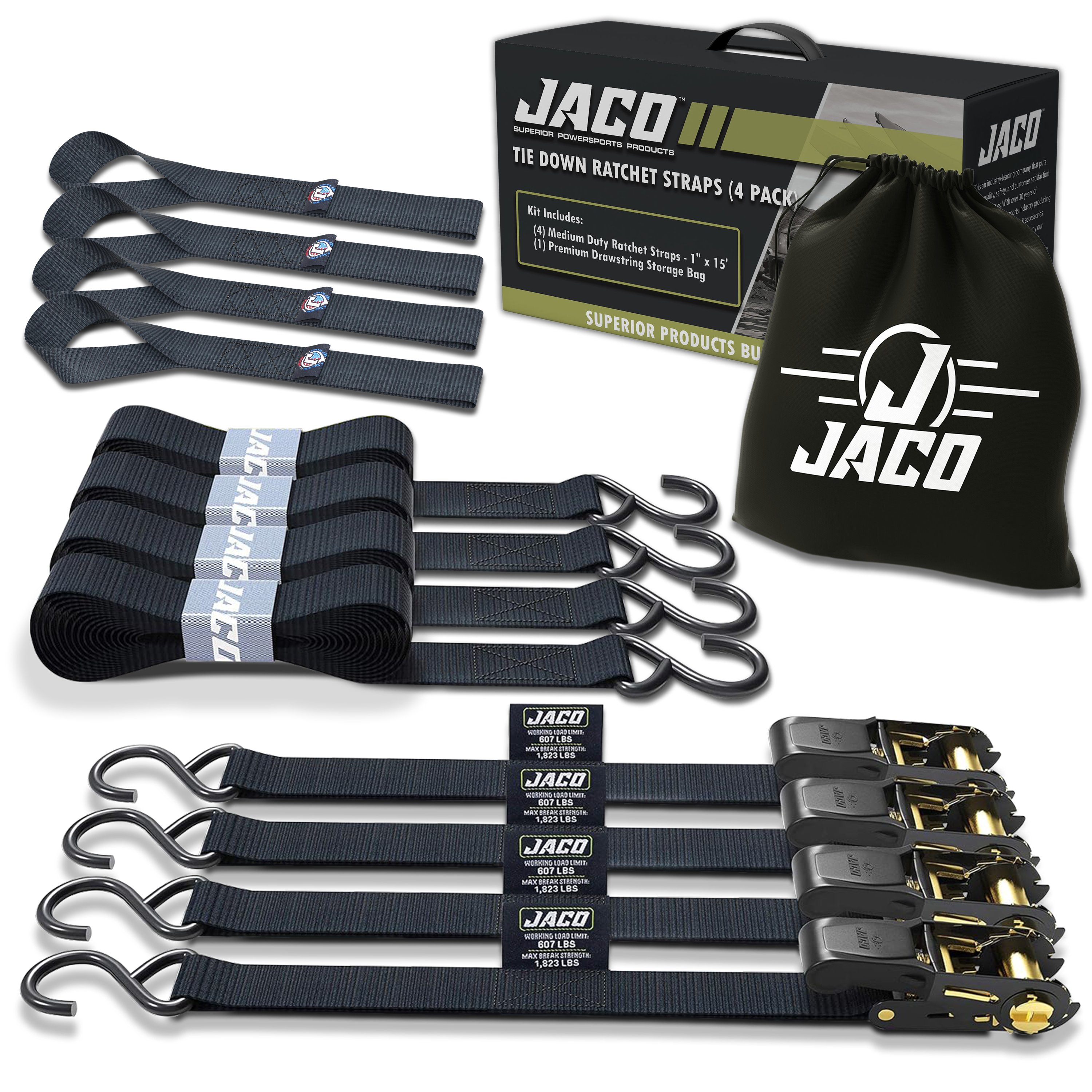 Tie Down Ratchet Straps (4 Pack) - 1 in x 15 ft | AAR Certified Break ...